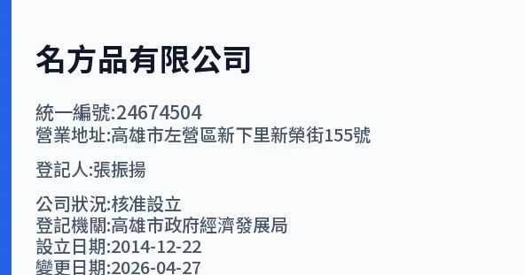 名方品有限公司的照片-統編 24674504(高雄市) 公司登記資料與營業項目詳細圖表