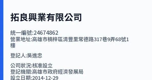 拓良興業有限公司的照片-統編 24674862(高雄市) 公司登記資料與營業項目詳細圖表