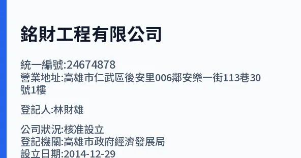 銘財工程有限公司的照片-統編 24674878(高雄市) 公司登記資料與營業項目詳細圖表