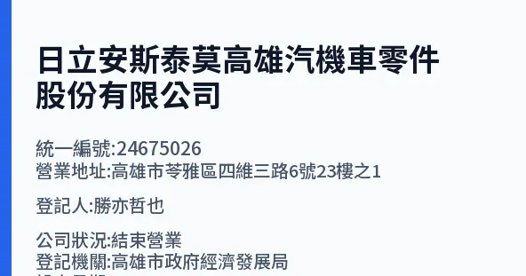 日立安斯泰莫高雄汽機車零件股份有限公司的照片-統編 24675026(高雄市) 公司登記資料與營業項目詳細圖表