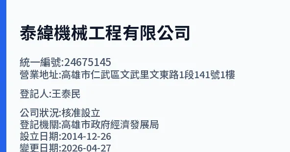 泰緯機械工程有限公司的照片-統編 24675145(高雄市) 公司登記資料與營業項目詳細圖表