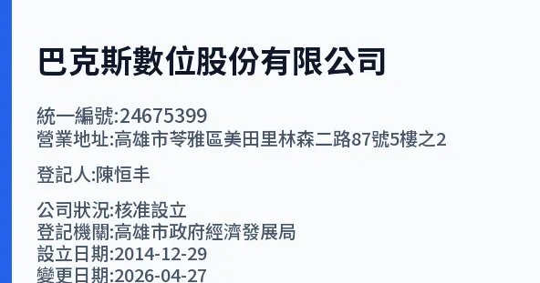 巴克斯數位股份有限公司的照片-統編 24675399(高雄市) 公司登記資料與營業項目詳細圖表