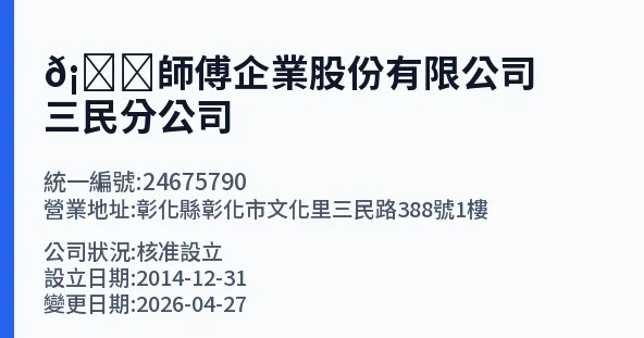 𡘙師傅企業股份有限公司三民分公司的照片-統編 24675790(彰化縣) 公司登記資料與營業項目詳細圖表