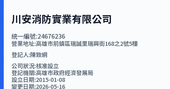 川安消防實業有限公司的照片-統編 24676236(高雄市) 公司登記資料與營業項目詳細圖表