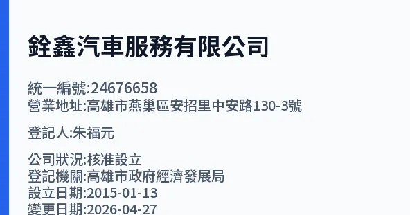 銓鑫汽車服務有限公司的照片-統編 24676658(高雄市) 公司登記資料與營業項目詳細圖表