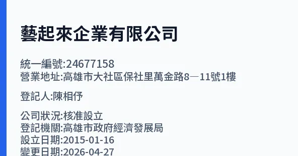 藝起來企業有限公司的照片-統編 24677158(高雄市) 公司登記資料與營業項目詳細圖表