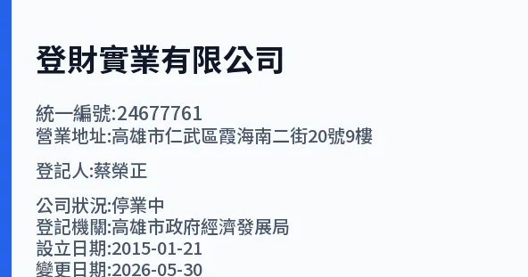 登財實業有限公司的照片-統編 24677761(高雄市) 公司登記資料與營業項目詳細圖表