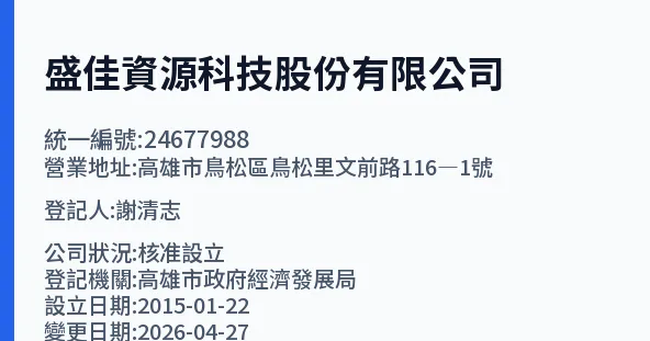 盛佳資源科技股份有限公司的照片-統編 24677988(高雄市) 公司登記資料與營業項目詳細圖表