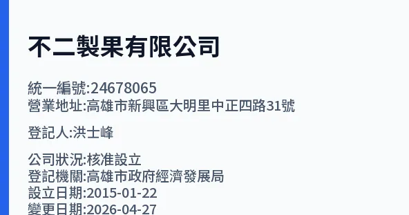 不二製果有限公司的照片-統編 24678065(高雄市) 公司登記資料與營業項目詳細圖表
