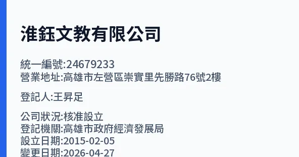 淮鈺文教有限公司的照片-統編 24679233(高雄市) 公司登記資料與營業項目詳細圖表