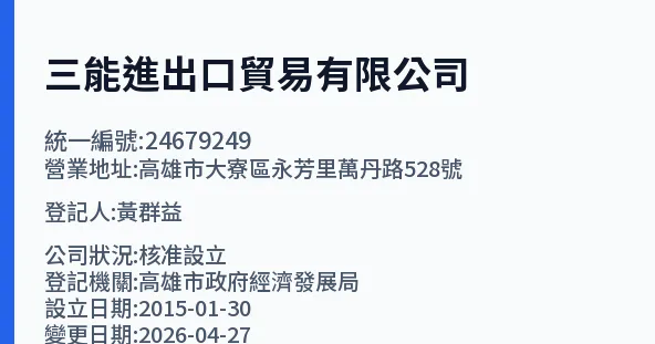 三能進出口貿易有限公司的照片-統編 24679249(高雄市) 公司登記資料與營業項目詳細圖表