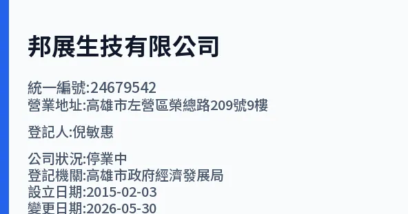 邦展生技有限公司的照片-統編 24679542(高雄市) 公司登記資料與營業項目詳細圖表
