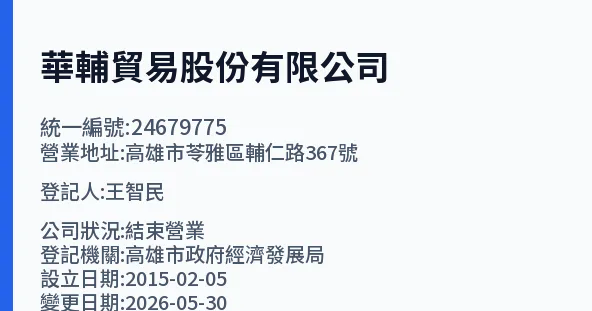 華輔貿易股份有限公司的照片-統編 24679775(高雄市) 公司登記資料與營業項目詳細圖表