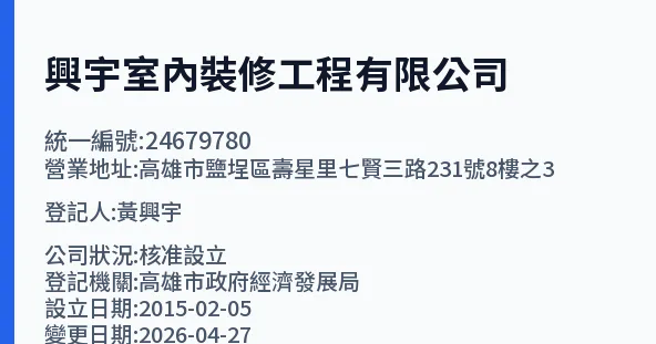 興宇室內裝修工程有限公司的照片-統編 24679780(高雄市) 公司登記資料與營業項目詳細圖表