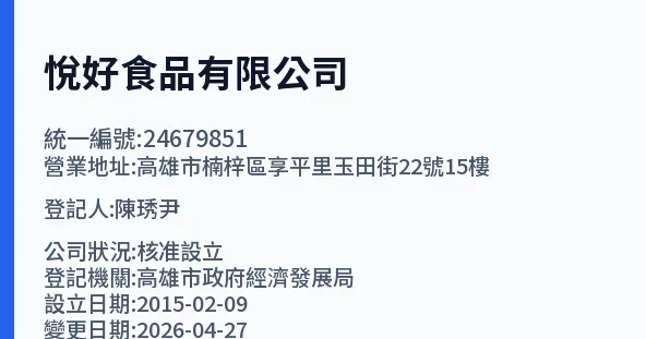悅好食品有限公司的照片-統編 24679851(高雄市) 公司登記資料與營業項目詳細圖表
