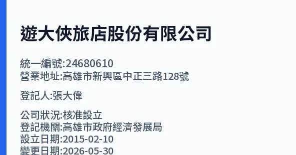 遊大俠旅店股份有限公司的照片-統編 24680610(高雄市) 公司登記資料與營業項目詳細圖表