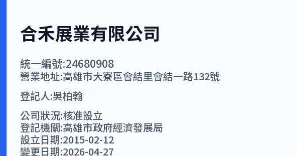 合禾展業有限公司的照片-統編 24680908(高雄市) 公司登記資料與營業項目詳細圖表