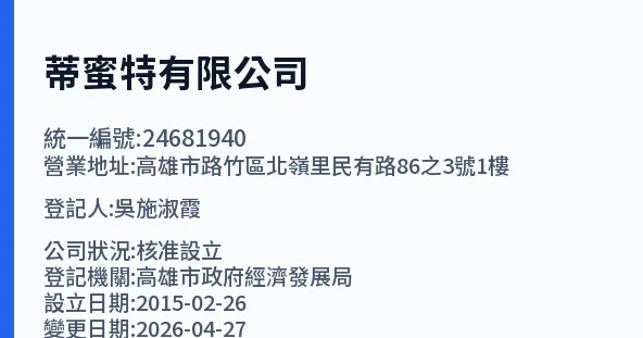 蒂蜜特有限公司的照片-統編 24681940(高雄市) 公司登記資料與營業項目詳細圖表