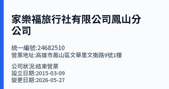 家樂福旅行社有限公司鳳山分公司的照片-統編 24682510(高雄市) 公司登記資料與營業項目詳細圖表