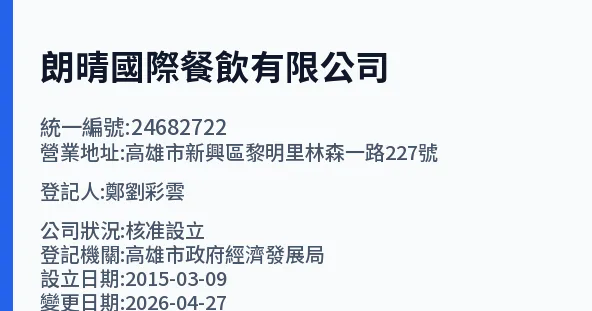朗晴國際餐飲有限公司的照片-統編 24682722(高雄市) 公司登記資料與營業項目詳細圖表