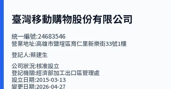 臺灣移動購物股份有限公司的照片-統編 24683546(高雄市) 公司登記資料與營業項目詳細圖表