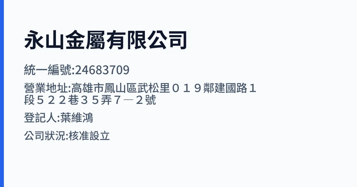 永山金屬有限公司 - 統編 24683709(高雄市) 公司登記資料與營業項目詳細圖表