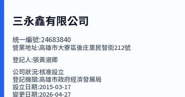 三永鑫有限公司的照片-統編 24683840(高雄市) 公司登記資料與營業項目詳細圖表
