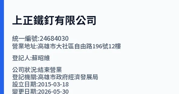 上正鐵釘有限公司的照片-統編 24684030(高雄市) 公司登記資料與營業項目詳細圖表