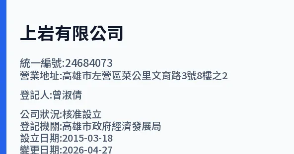 上岩有限公司的照片-統編 24684073(高雄市) 公司登記資料與營業項目詳細圖表