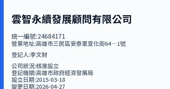 雲智永續發展顧問有限公司的照片-統編 24684171(高雄市) 公司登記資料與營業項目詳細圖表
