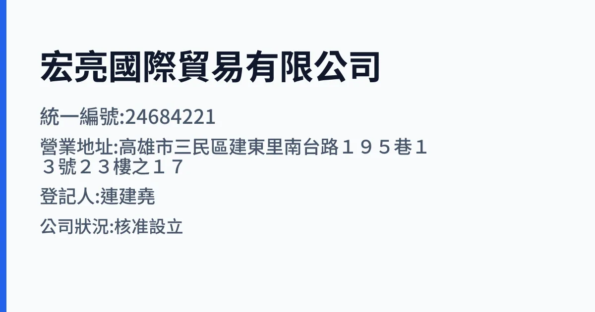 宏亮國際貿易有限公司 - 統編 24684221(高雄市) 公司登記資料與營業項目詳細圖表