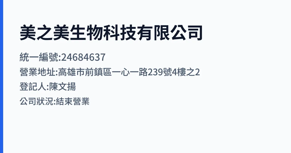 美之美生物科技有限公司 - 統編 24684637(高雄市) 公司登記資料與營業項目詳細圖表