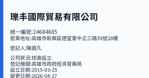 瓅丰國際貿易有限公司的照片-統編 24684685(高雄市) 公司登記資料與營業項目詳細圖表