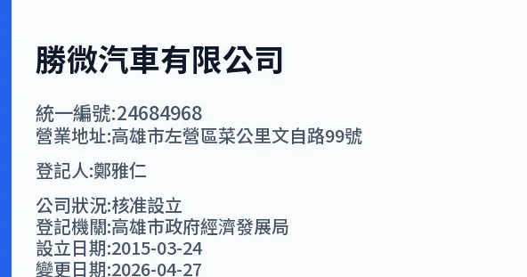 勝微汽車有限公司的照片-統編 24684968(高雄市) 公司登記資料與營業項目詳細圖表