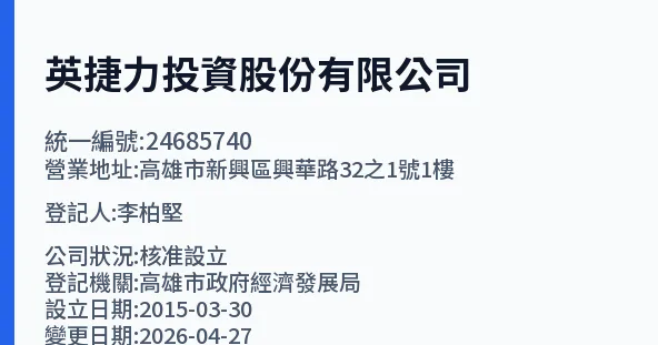 英捷力投資股份有限公司的照片-統編 24685740(高雄市) 公司登記資料與營業項目詳細圖表