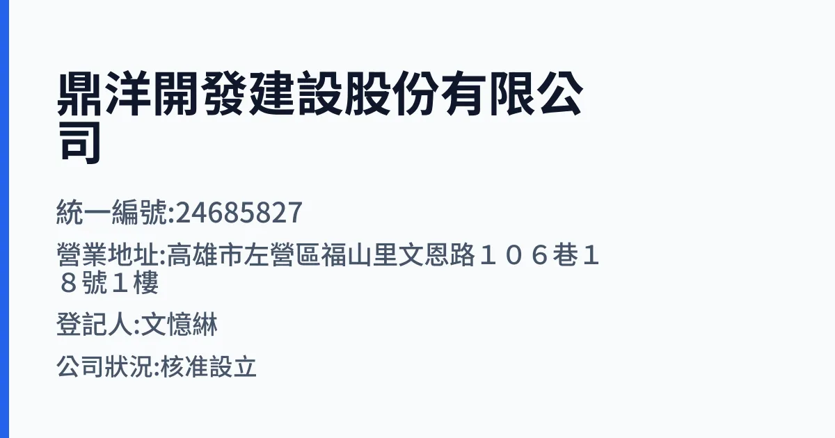 鼎洋開發建設股份有限公司 - 統編 24685827(高雄市) 公司登記資料與營業項目詳細圖表