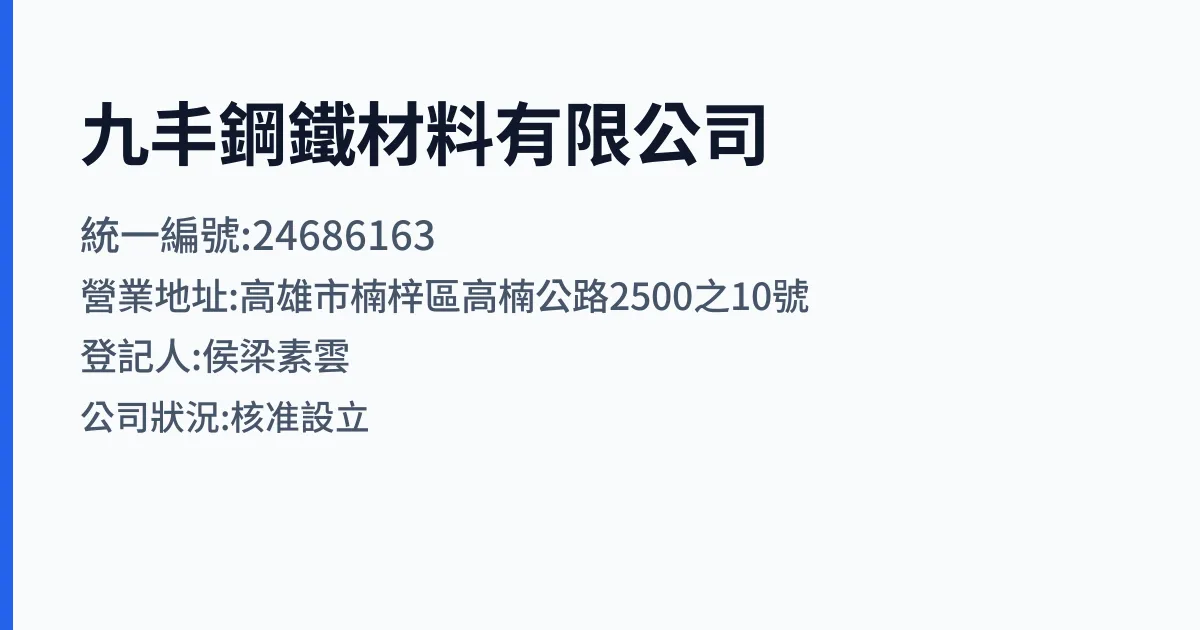 九丰鋼鐵材料有限公司 - 統編 24686163(高雄市) 公司登記資料與營業項目詳細圖表