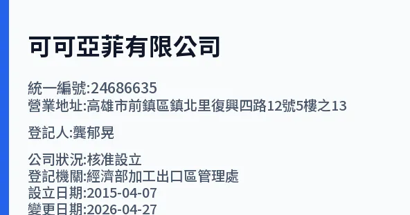可可亞菲有限公司的照片-統編 24686635(高雄市) 公司登記資料與營業項目詳細圖表