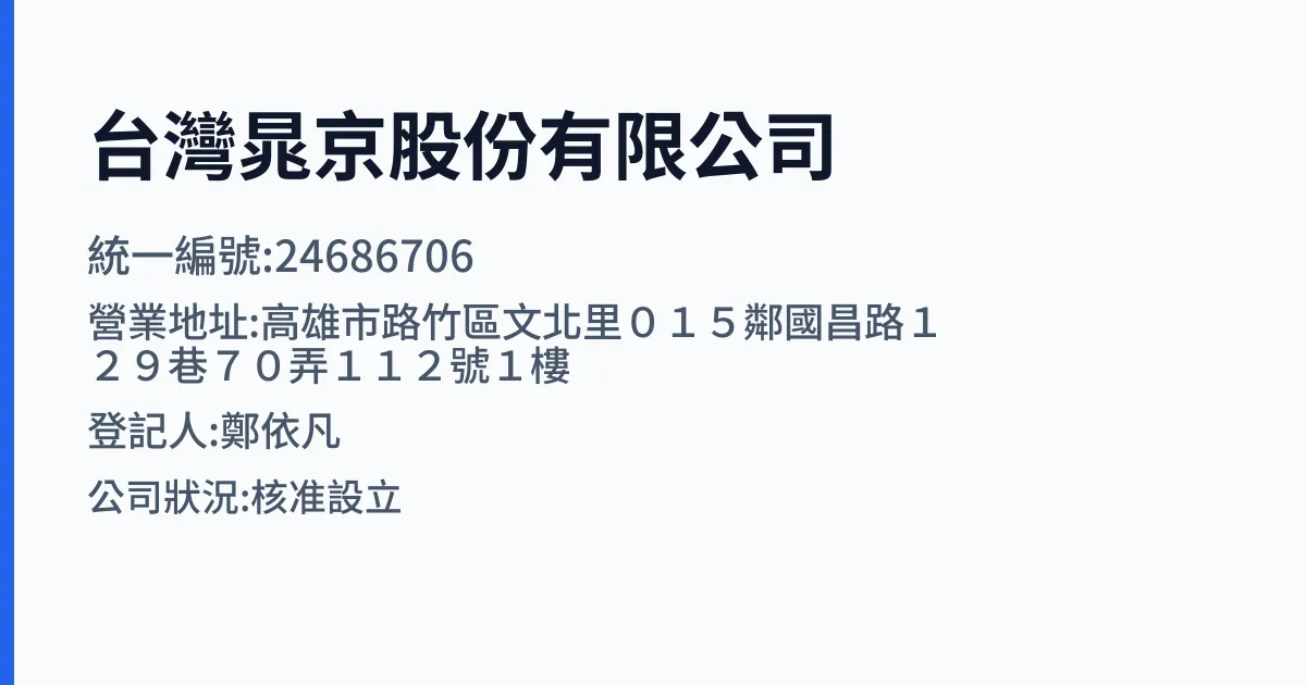 台灣晁京股份有限公司 - 統編 24686706(高雄市) 公司登記資料與營業項目詳細圖表