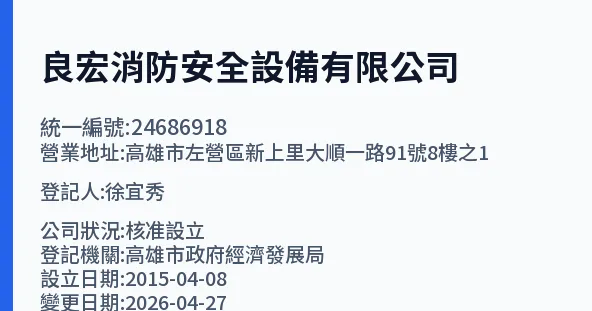 良宏消防安全設備有限公司的照片-統編 24686918(高雄市) 公司登記資料與營業項目詳細圖表