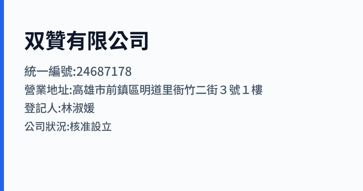双贊有限公司 - 統編 24687178(高雄市) 公司登記資料與營業項目詳細圖表