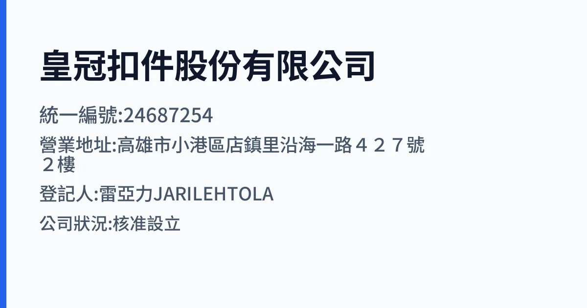皇冠扣件股份有限公司 - 統編 24687254(高雄市) 公司登記資料與營業項目詳細圖表