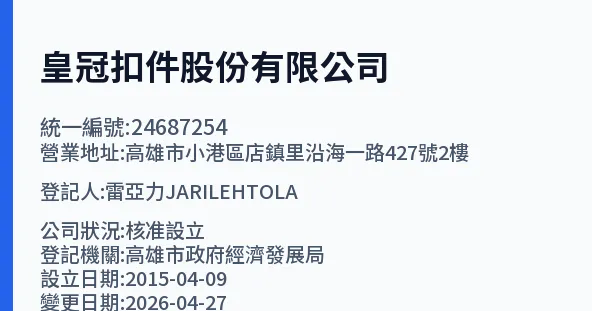 皇冠扣件股份有限公司的照片-統編 24687254(高雄市) 公司登記資料與營業項目詳細圖表