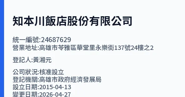 知本川飯店股份有限公司的照片-統編 24687629(高雄市) 公司登記資料與營業項目詳細圖表
