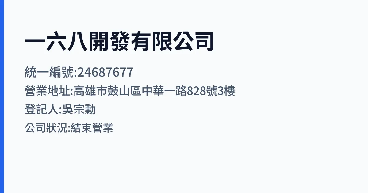 一六八開發有限公司 - 統編 24687677(高雄市) 公司登記資料與營業項目詳細圖表