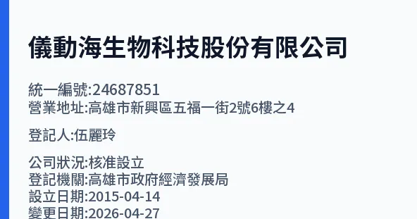 儀動海生物科技股份有限公司的照片-統編 24687851(高雄市) 公司登記資料與營業項目詳細圖表
