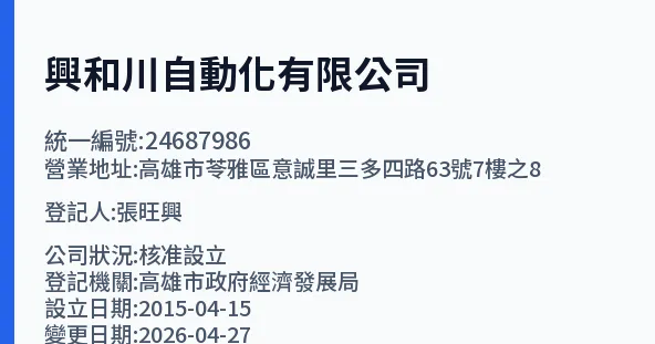 興和川自動化有限公司的照片-統編 24687986(高雄市) 公司登記資料與營業項目詳細圖表