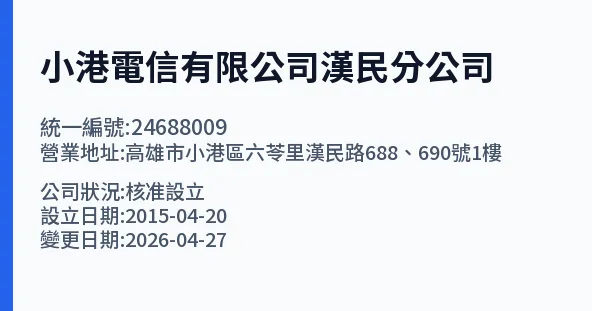 小港電信有限公司漢民分公司的照片-統編 24688009(高雄市) 公司登記資料與營業項目詳細圖表