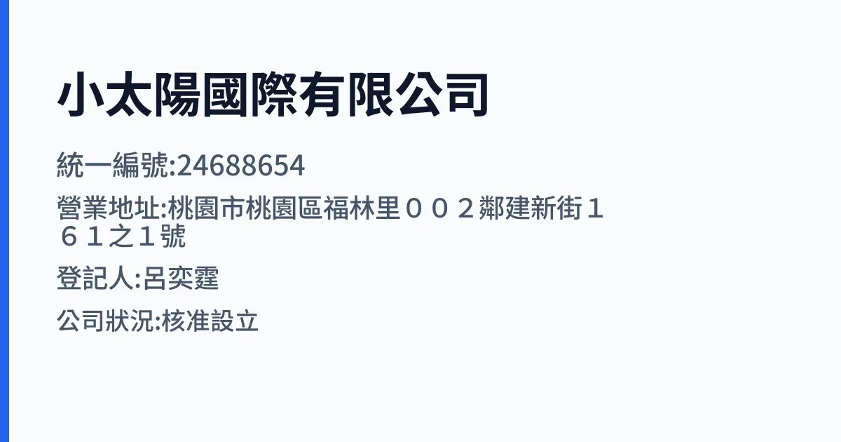 小太陽國際有限公司 - 統編 24688654(桃園市) 公司登記資料與營業項目詳細圖表
