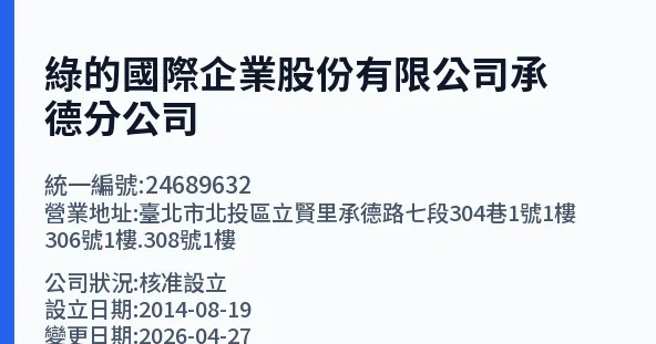 綠的國際企業股份有限公司承德分公司的照片-統編 24689632(臺北市) 公司登記資料與營業項目詳細圖表